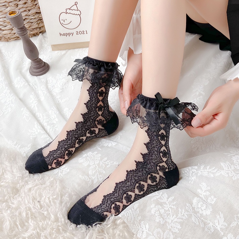 Summer Glass Stockings Japanese Lace Women's Socks Bow Lolita Middle ...
