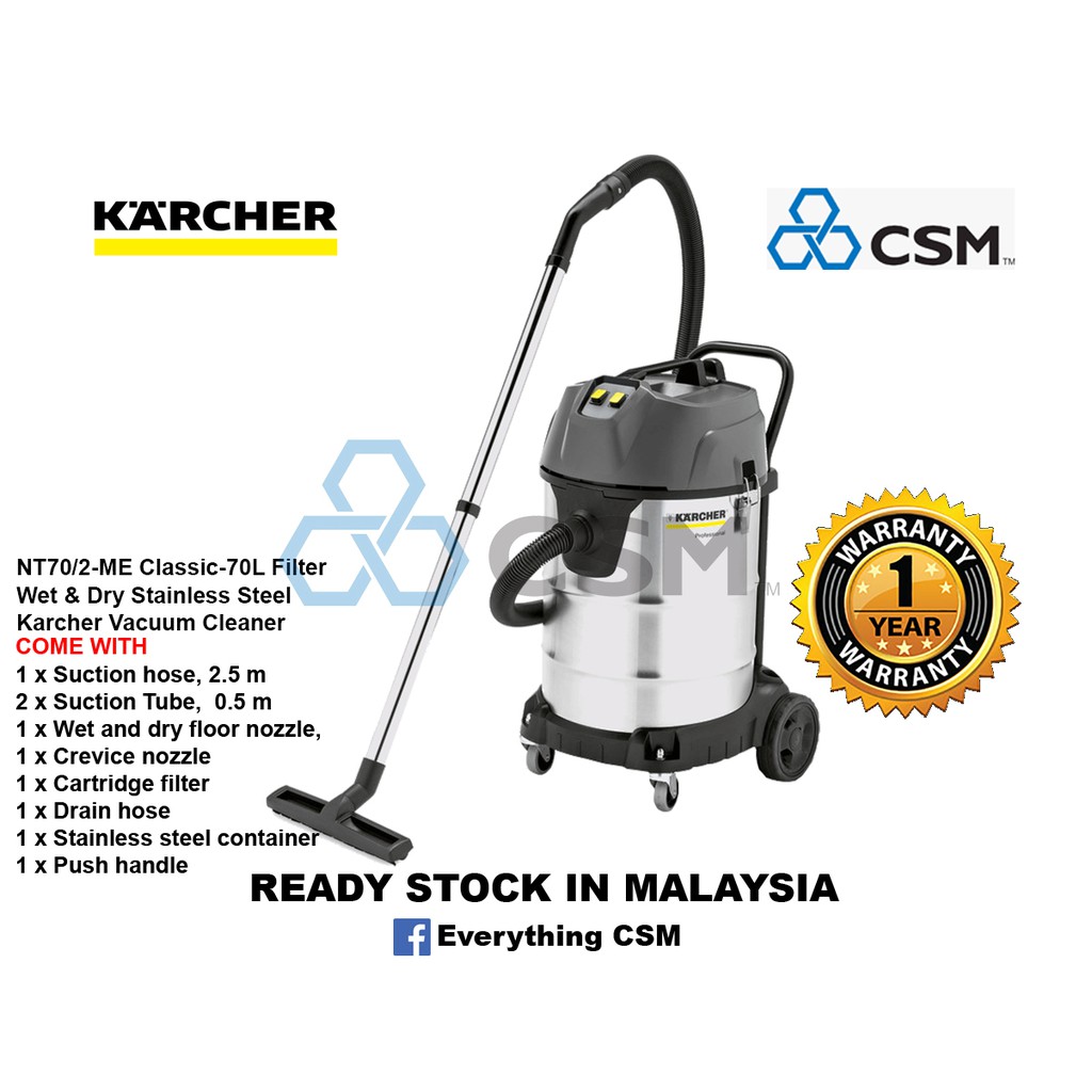 KARCHER NT70/2-ME Classic-70L Filter Wet & Dry Stainless Steel Vacuum Cleaner 2300W 225MBARS ...