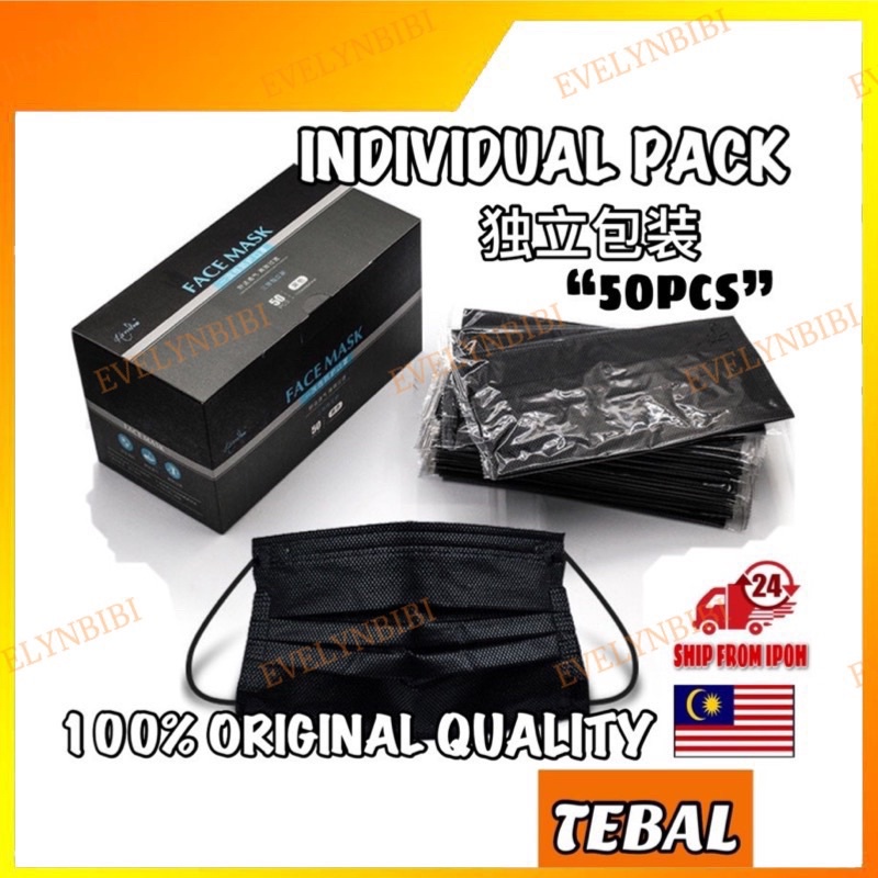 50pcs Black/White Mask Individual Pack 3ply Original Tebal Non Medical ...