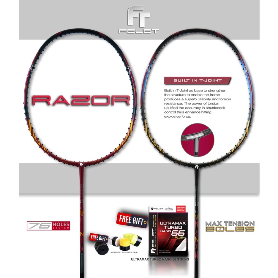 FELET RAZOR Black Badminton Racquet ( FREE STRING & GRIP ) Original by ...