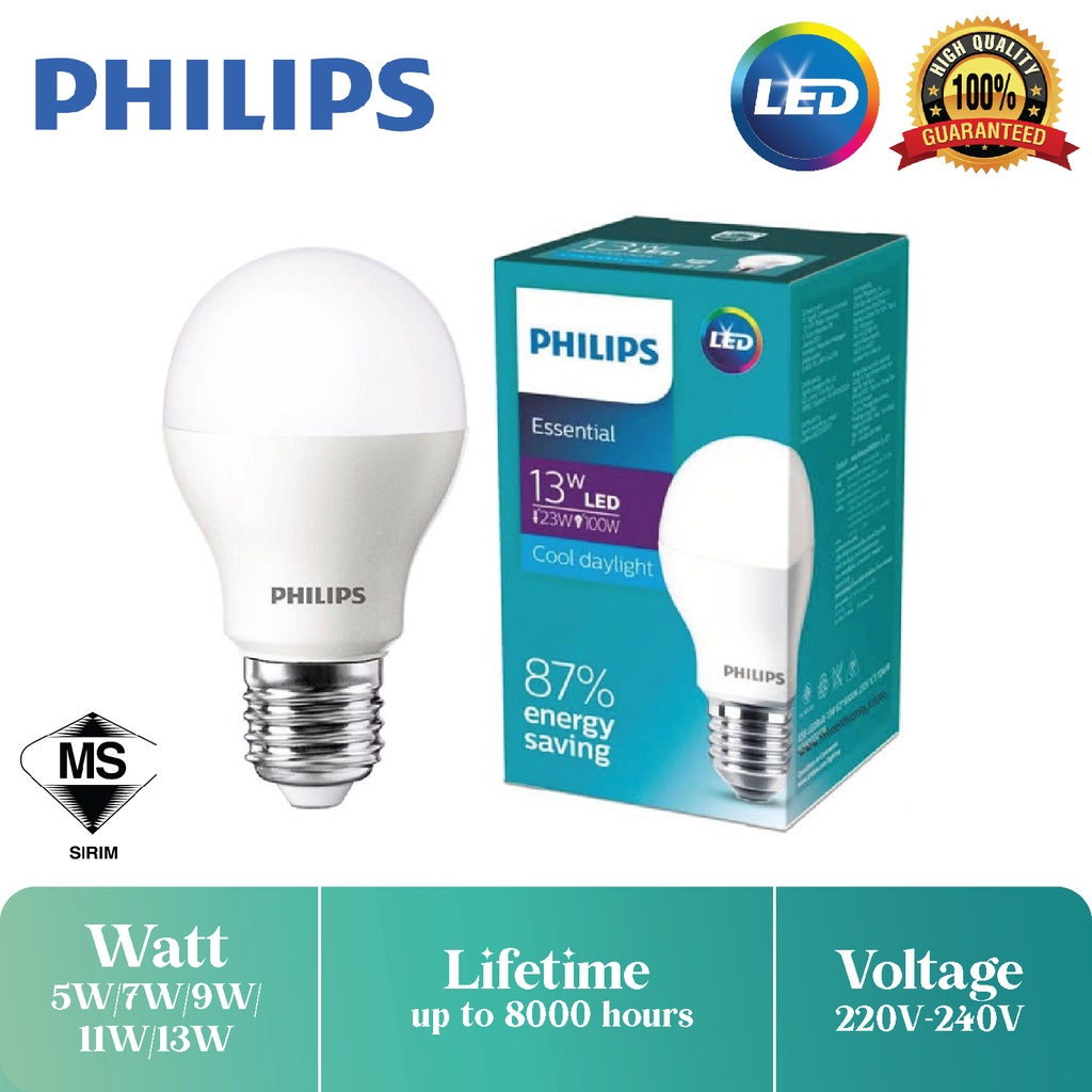 PHILIPS 3W/4W/5W/7W/9W/11W/13W E27 ESSENTIAL GEN2 LED BULB | Shopee Malaysia