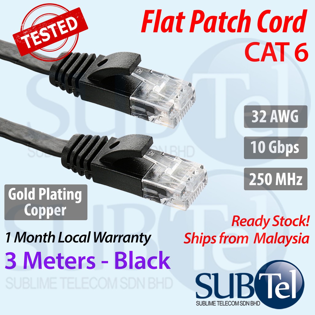 3M CAT6 Flat Patch Cord LAN Cable Gigabit Ethernet 10G RJ45 UTP - 3 ...