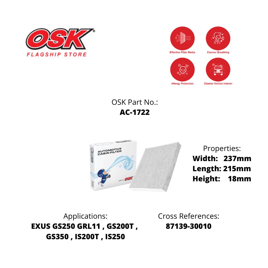 OSK CABIN FILTER for LEXUS GS250 GRL11 , GS200T , GS350 , IS200T ...