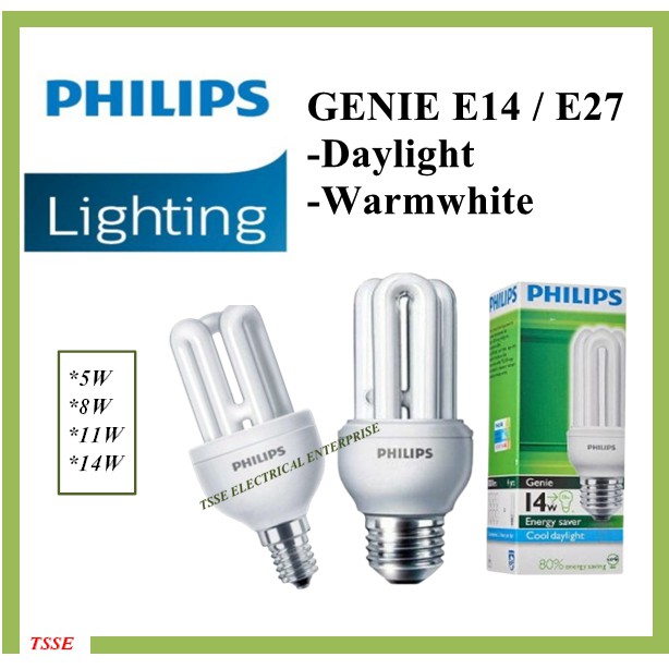 PHILIPS 5W / 8W / 11W / E14 GENIE E14 / E27 ENERGY SAVING BULB DAYLIGHT / WARMWHITE | Shopee ...
