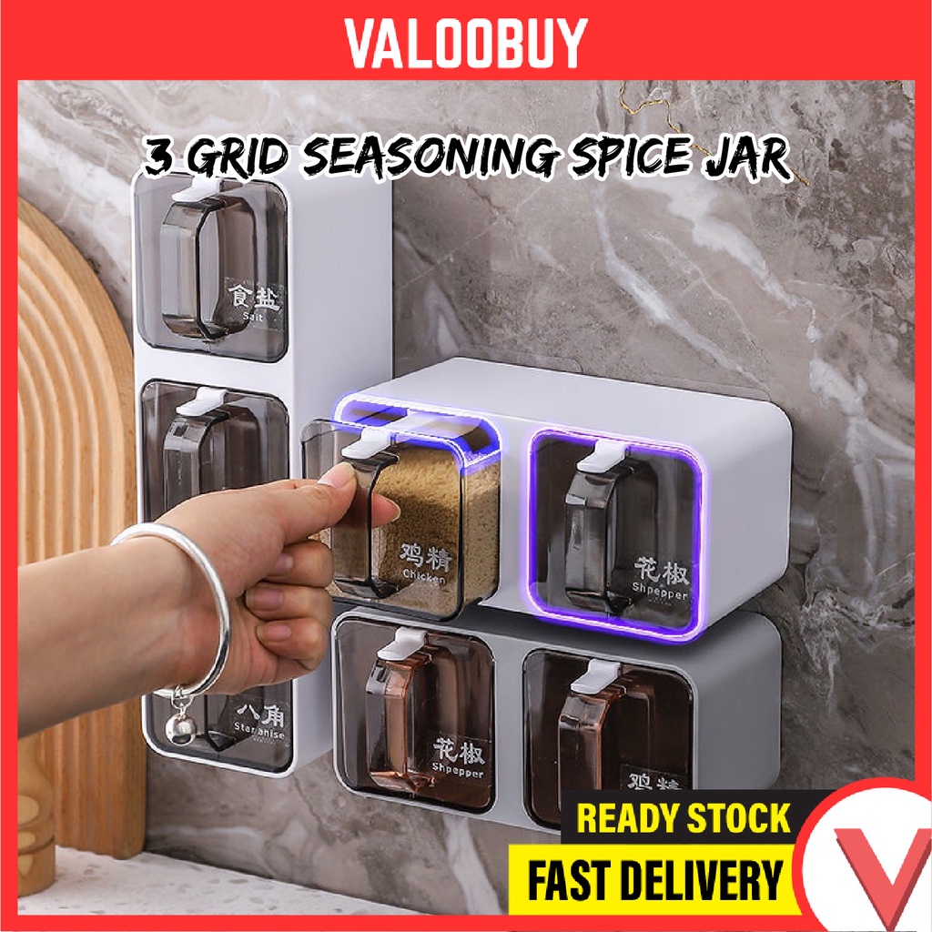 Wall Mounted 3 Grid Seasoning Spice Jar with Spoon Set Bekas Rempah ...