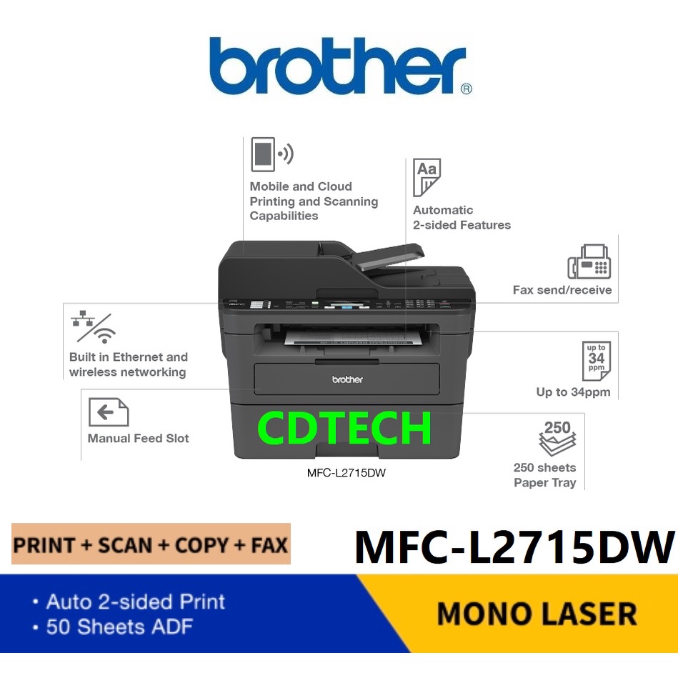 Brother MFC-L2715DW Laser Printer Duplex Network WIfi Direct Print Scan ...
