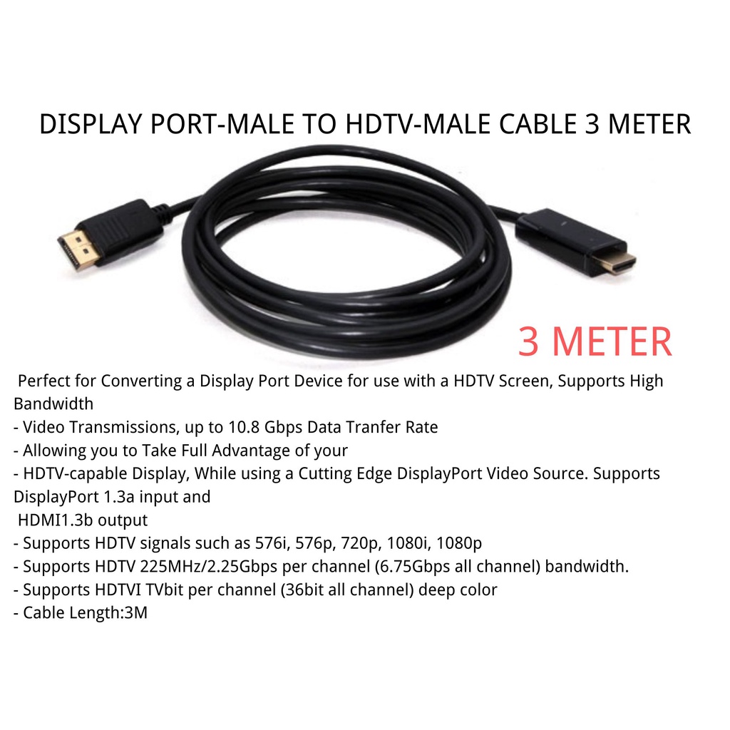 TINYTECH DISPLAY PORT-MALE TO HDMI-MALE CABLE 3 METER | Shopee Malaysia