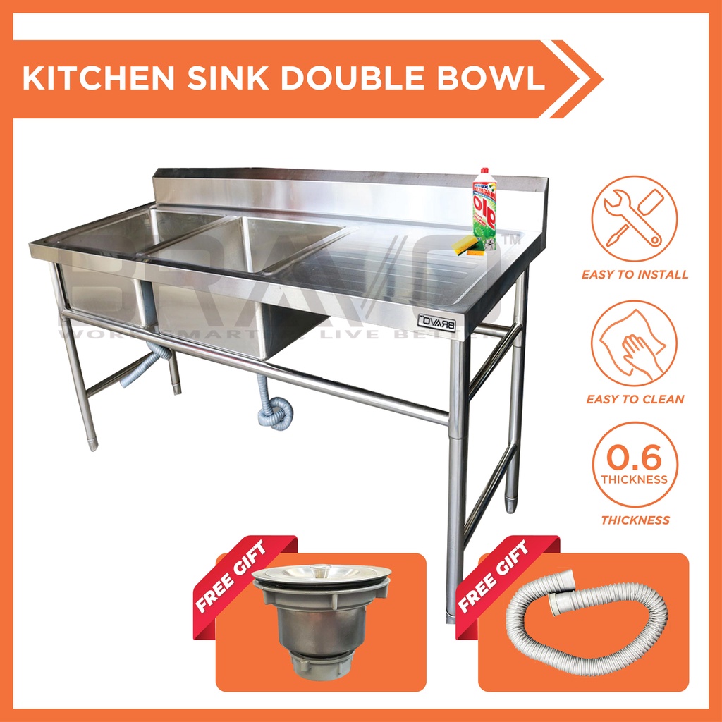 BRAVO Kitchen Sink Sinki Dapur Stainless Steel Kitchen Table with Rack Sink Stainless Steel ...