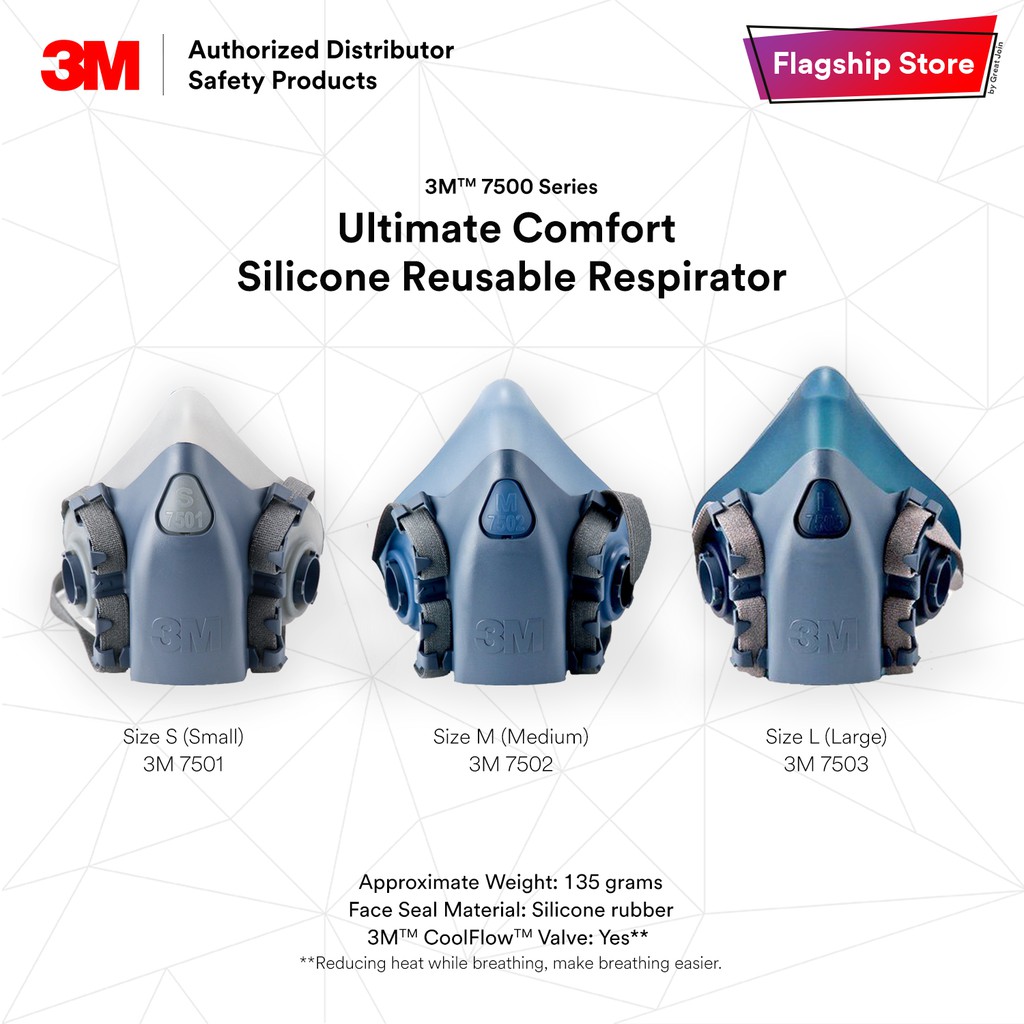 3M 7500 Series Premium Reusable Silicone Respirator/ 7501 (S), 7502 (M ...