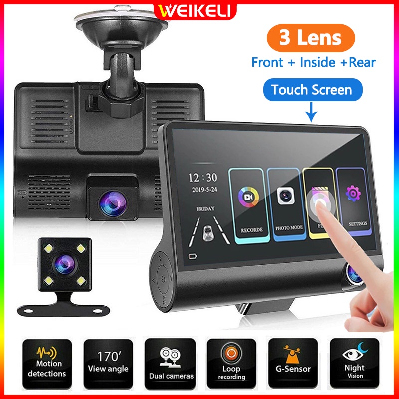 3 Cameras Car DVR Full HD 1080P Dual Lens Camera Video Recorder Touch ...