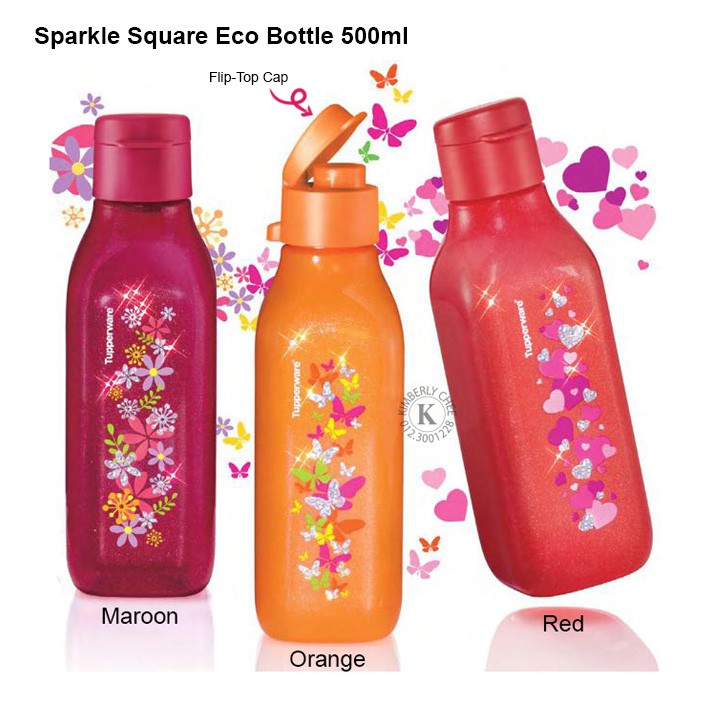 Tupperware Sparkle Square Eco Bottle /Square Flip-Top Bottle RED 500ml ...