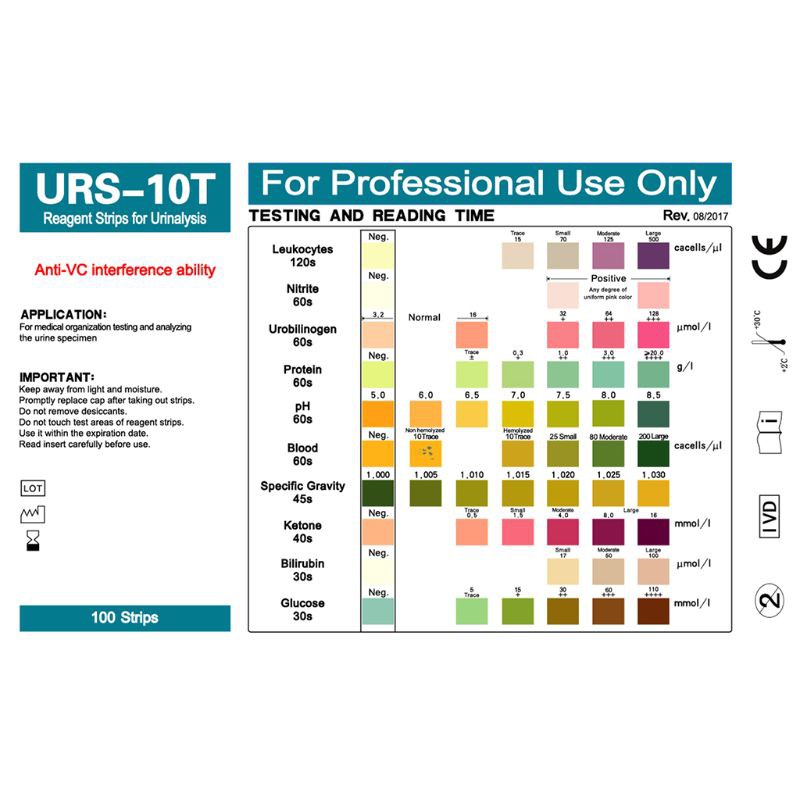 100 Strips URS-10T Urinalysis Reagent Strips 10 Parameters Urine Long ...