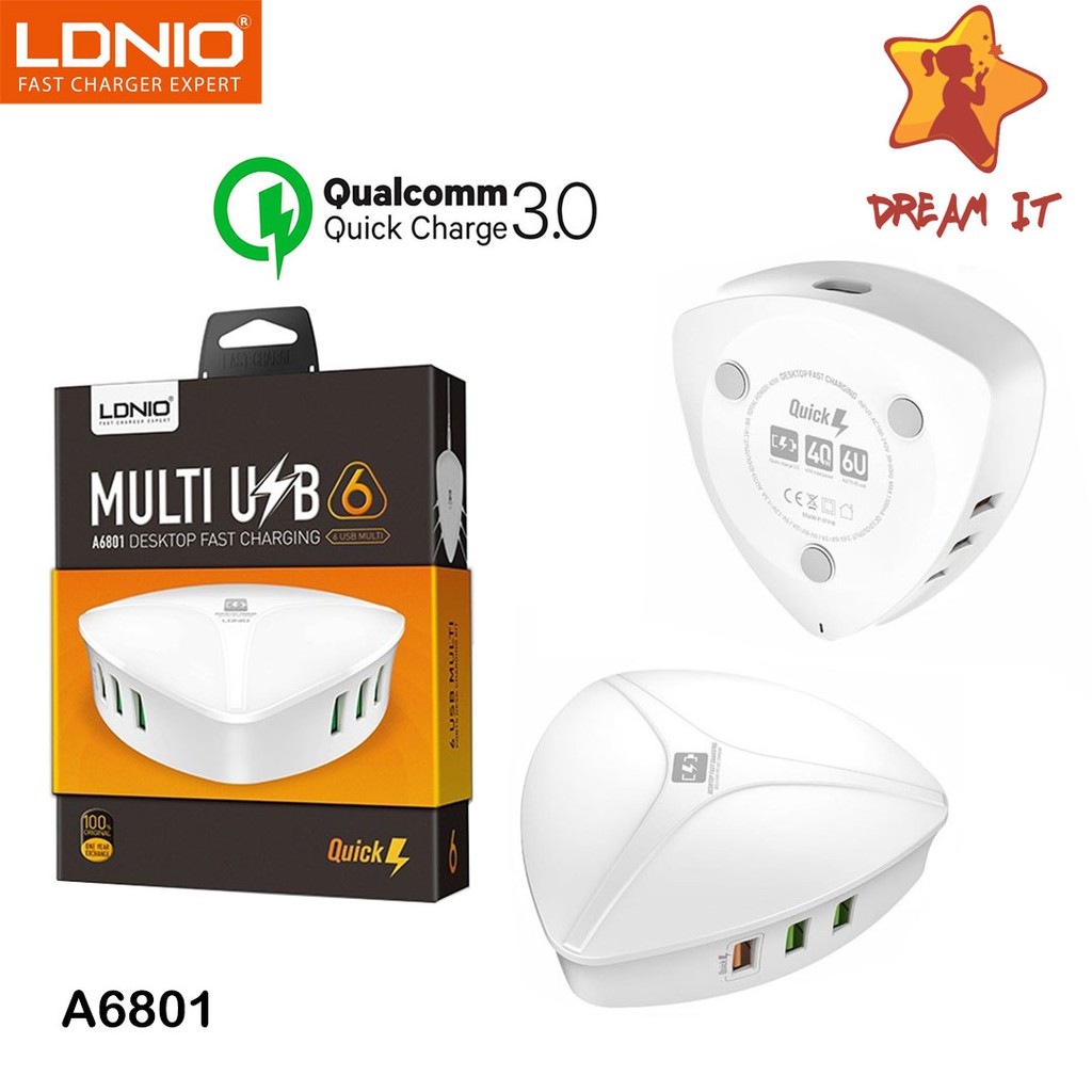 LDNIO A6801 Multi USB 6 PORT Desktop Fast Charging Adapter (1.5m Cable ...