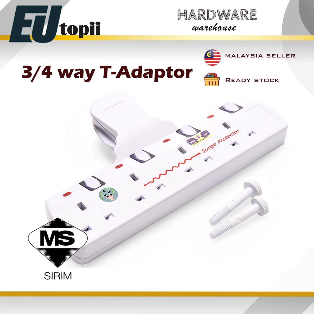 EU-T-Adaptor 3/4 Way 13A Extension Trailing Socket Switch Neon Adapter ...
