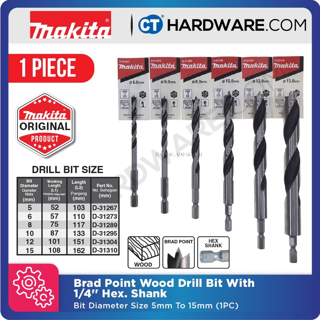 MAKITA BRAD POINT WOOD DRILL BIT 1/4" HEX SHANK SIZE 5MM TO 15MM - 1PC ...