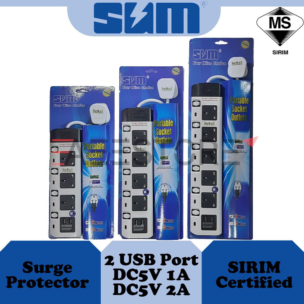 Sirim Sum 3 4 5 Way Surge Protector Portable Extension Trailing Socket With 2 Usb Ports 2m
