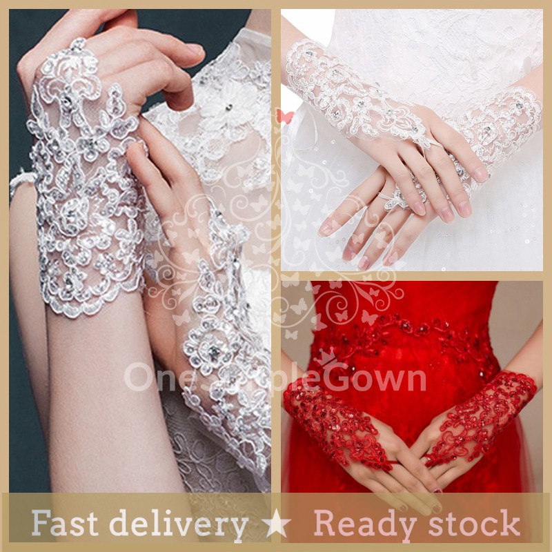 [One Simple Gown] Bridal Short Glove Fingerless Lace Glove Sarung ...