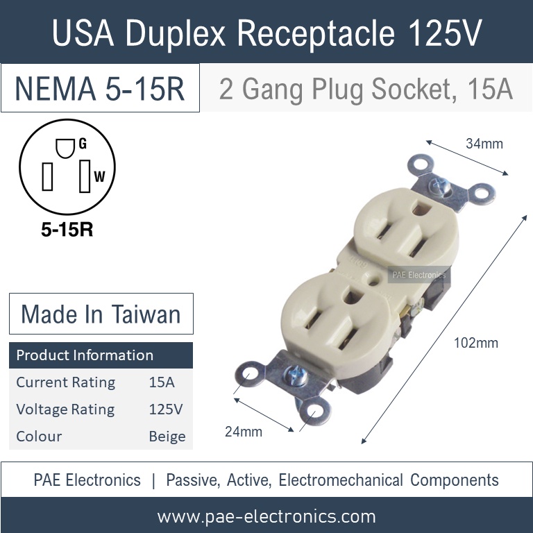 US 3 Pin Socket, USA Dual Gang, 5-15R, 125V AC 15A, Panel Mount, USA ...