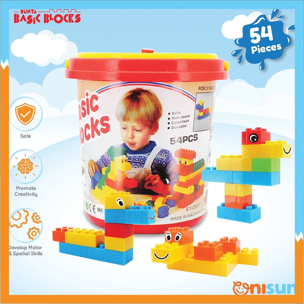 SUNTA 54pcs Non-toxic Basic Building Block With FREE Stickers Educational Toy Playset(Mainan ...