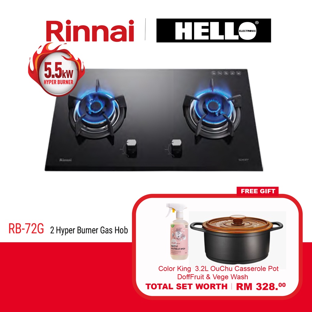 Rinnai 2 Hyper Burner Built In Gas Hob Model: RB-72G | Shopee Malaysia