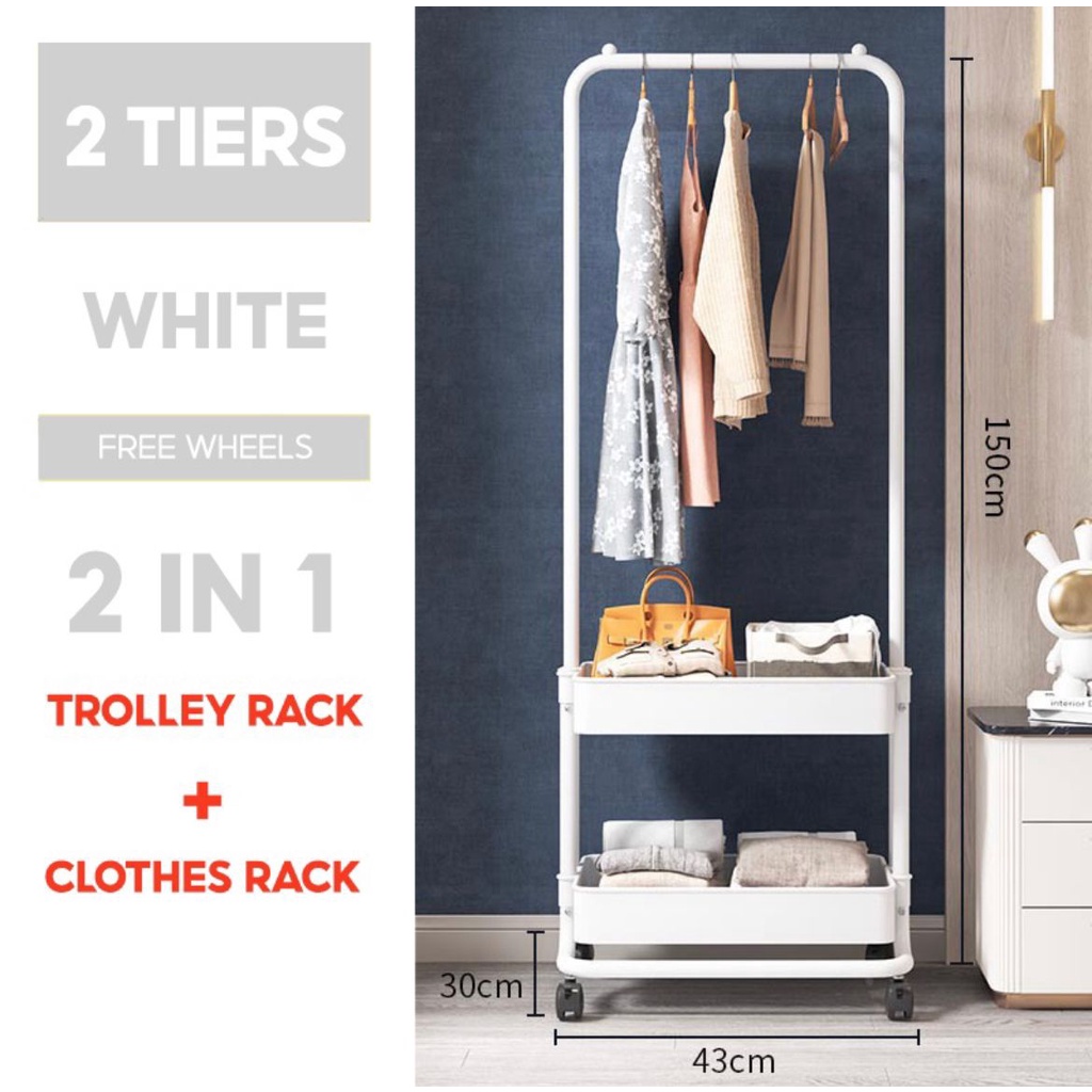 2 in 1 Single Pole Clothes Hanger Garment Rack/Trolley Clothes Rack/Rak ...