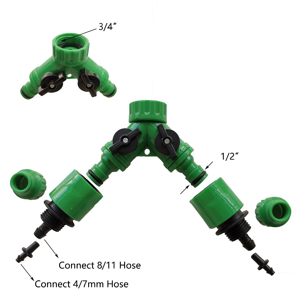 2 Way Splitter Connector Adaptor with Quick Connector 1/2" 3/4" Garden ...