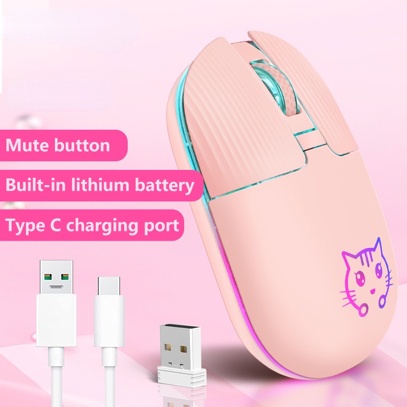 Type-C Rechargeable Silent RGB LED Wireless Mouse Cat Cartoon Cute ...