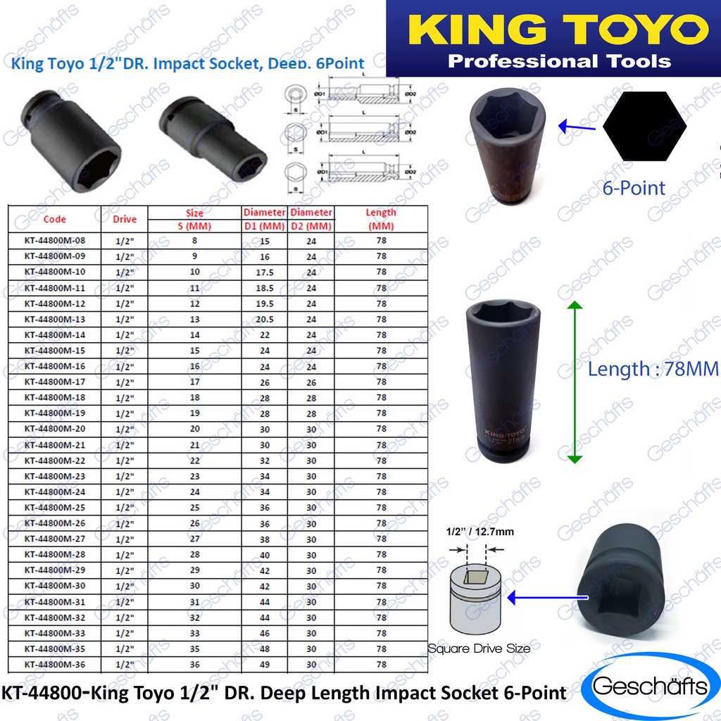 King Toyo Impact Deep Length Socket Box Spanar 6PT/12PT impact socket ...
