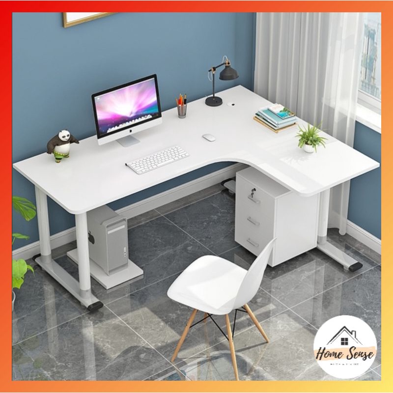 L Shape Office Study Table & Computer Laptop Desk Metal Leg Meja ...