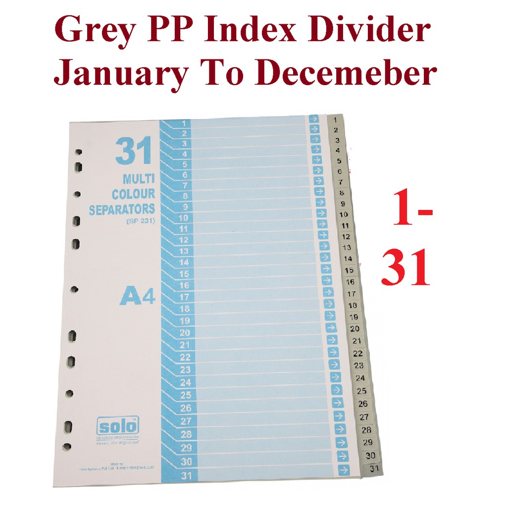 A4 INDEX DIVIDER 1-31 Grey PP Index Divider Number 1 - 31 Day | Shopee ...