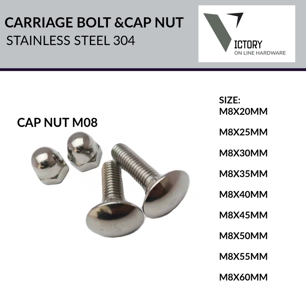 Carriage Bolt & Cap Nuts M8 Stainless Steel SUS 304 不锈钢白钢马车螺丝 Buy Bolt ...