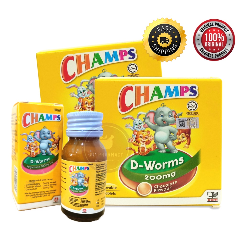 Champs D Worms 200mg 2 tabs / suspension 10ml / ubat cacing kunyah ...