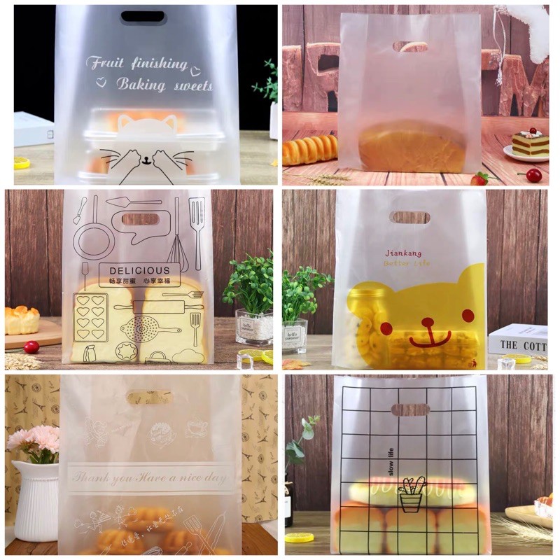 (100PCS)面包店手提塑料袋子烘焙包装袋甜品Bakery portable plastic bag cake baking ...