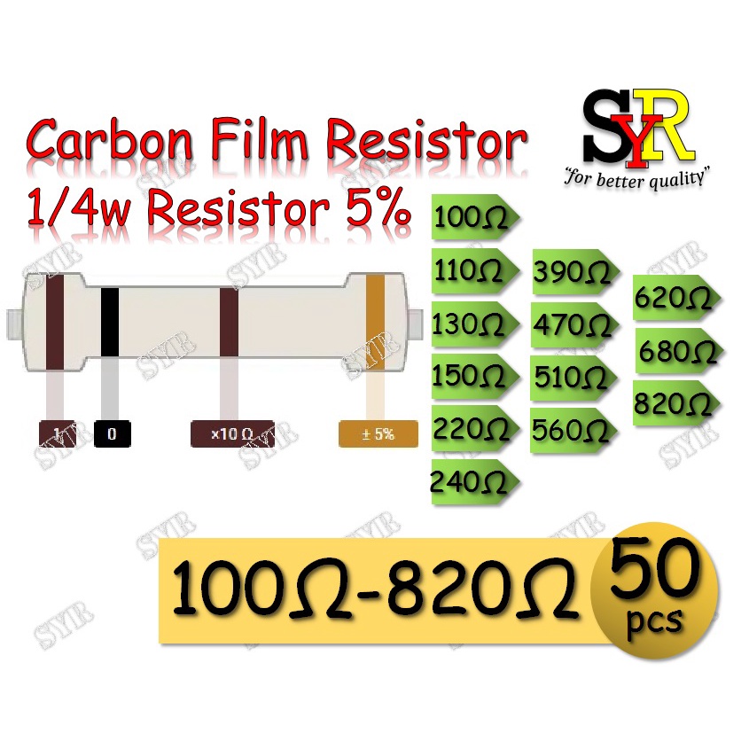 100 ohm~820 ohm 10 Pcs / 50 Pcs Carbon Film Resistor Perintang 1/4Watt ...