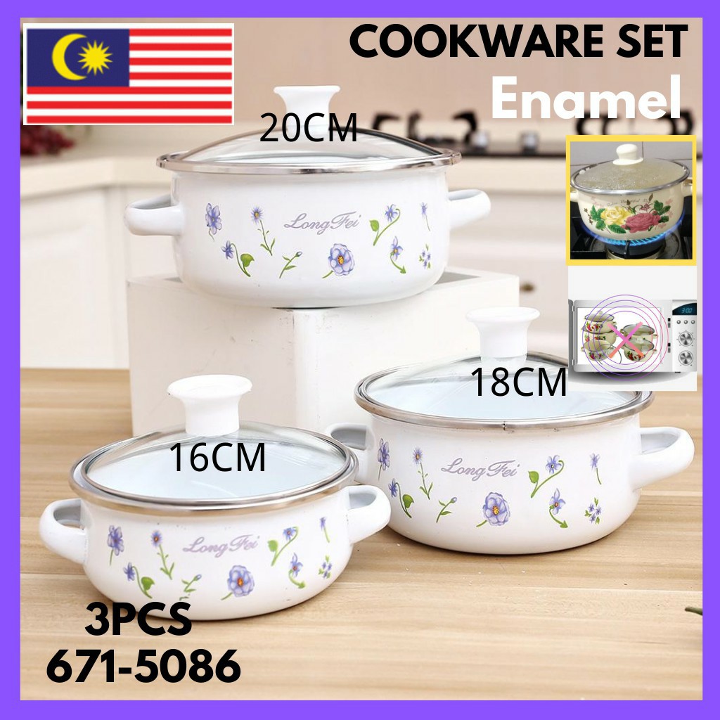 ♨️PERIUK ENAMEL 3 BERADIK TUDUNG KACA GIFT SET COOKWARE SET PERIUK ...