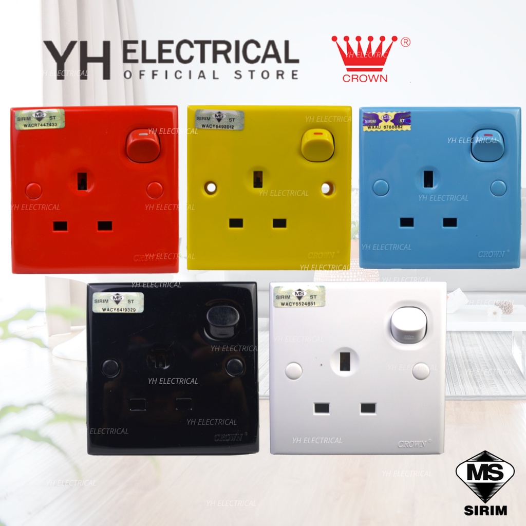 CROWN 13A SWITCH SOCKET OUTLET WHITE / BLACK/ RED/ BLUE/ YELLOW SWITCH ...