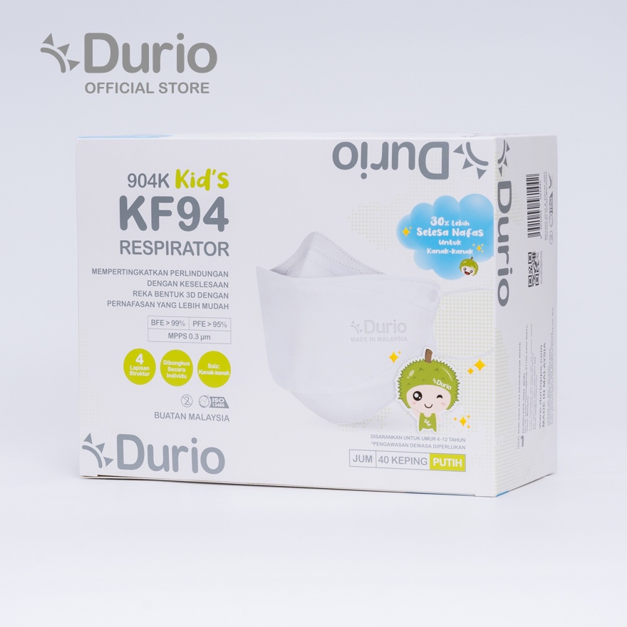 Durio 904K Kid's KF94 Respirator - White/Black (40 Pcs) [Buy 2 Free 1 ...