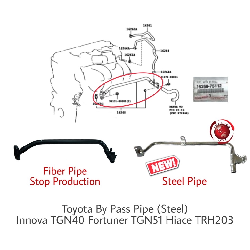 Toyota By Pass Pipe (steel) Innova TGN40 TGN140 Fortuner TGN51 TGN156 ...