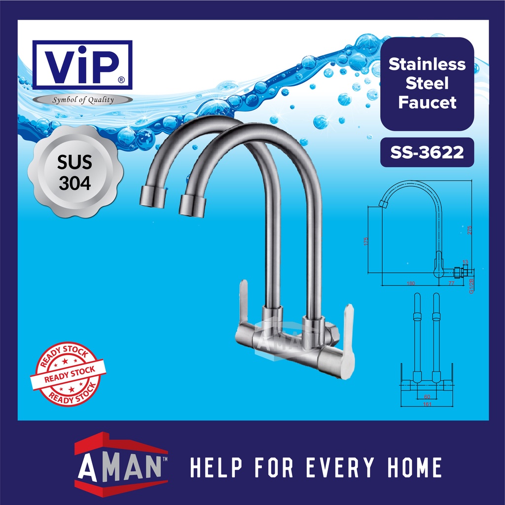 VIP SUS-304 Stainless Steel Double Wall Sink Tap Kitchen Sink Tap Basin Tap Wall Water Tap Pipe ...