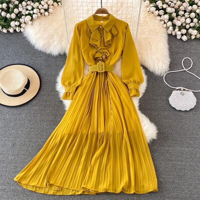New Spring Autumn Polo Neck Pleated Dress Women Elegant Solid A-line ...