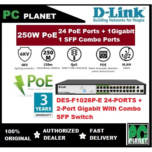 D-Link DES-F1026P-E 250Meter 24-Port Fast Ethernet POE Switch (250W ...