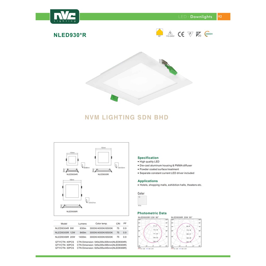 NVC NLED930* LED Ceiling Downlight 12w 6 Inch/20w 7Inch Round/Square ...