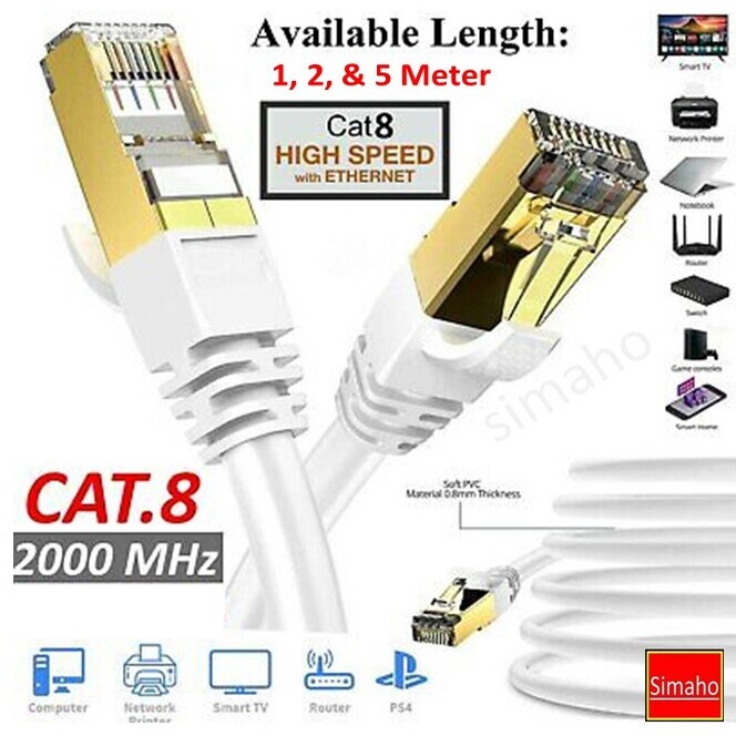 FLAT 40G CAT8 CAT 8 Ethernet Network LAN Cable RJ45 Gold Plated Patch ...