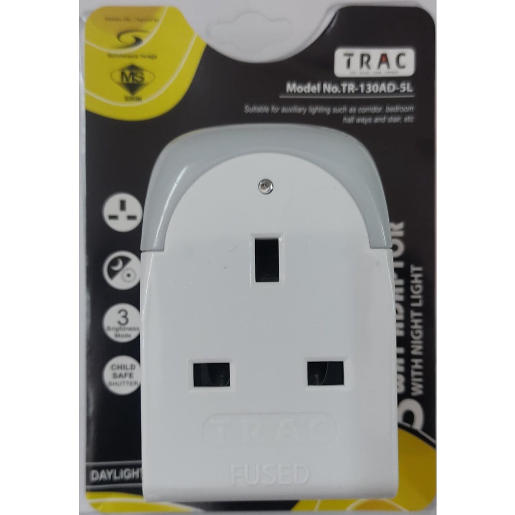 TRAC 3 WAY ADAPTOR WITH NIGHT LIGHT/TR-130AD-SL/ 3 PIN PLUG/BRIGHTNESS ...