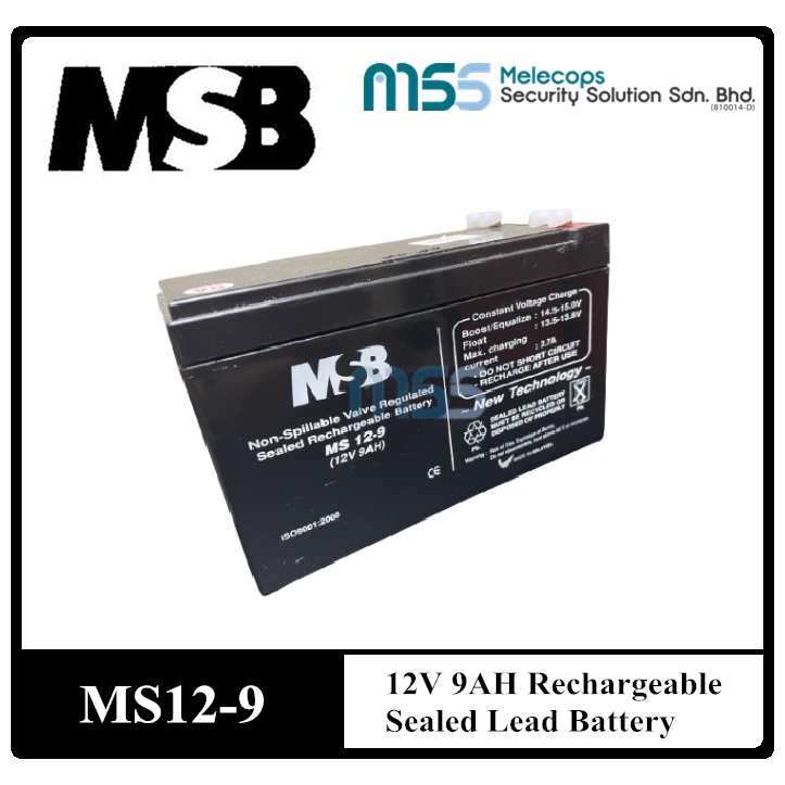 MSB MS12-9 12V 9AH Non-Spillable Valve Regulated Sealed Rechargeable ...