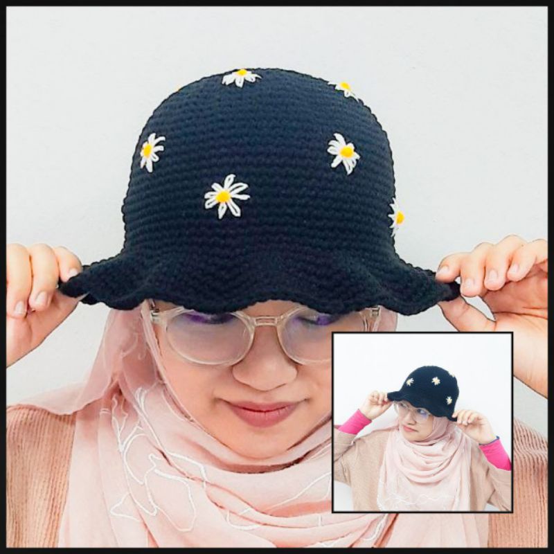 HANDMADE CROCHET | KNIT BUCKET HAT | BLACK DAISY PATTERN WAVY| TOPI ...