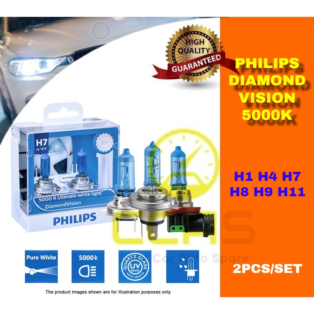 Philips Diamond Vision 5000K 12V Headlights Bulb - H1 H4 H7 H8 H9 H11 ...