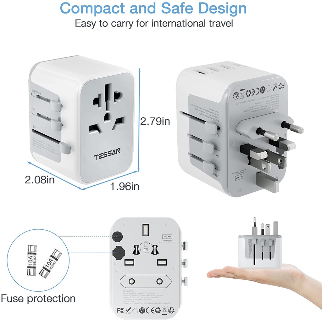 TESSAN International Travel Adaptor Plug with USB C Ports Universal ...