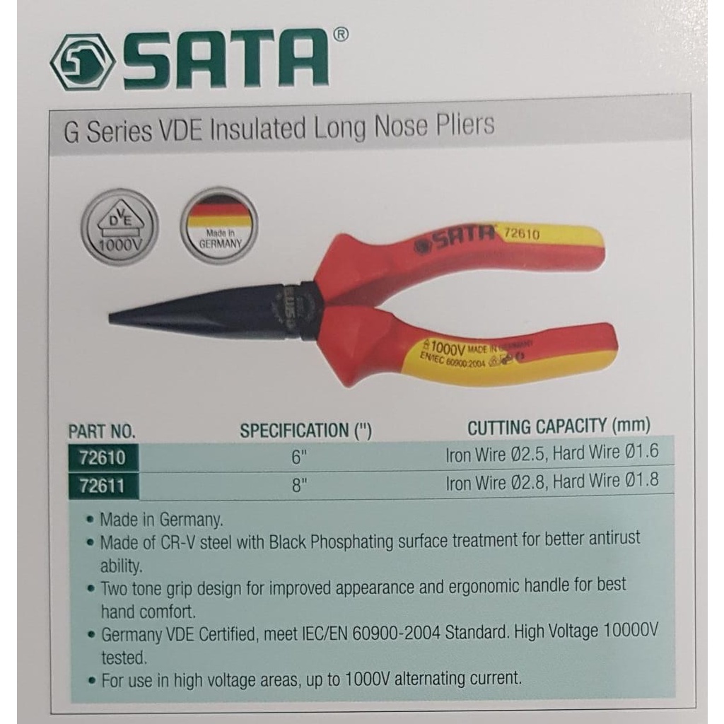 SATA 72610 72611 G SERIES 1000V VDE INSULATED LONG NOSE PLIER 6" 8 ...