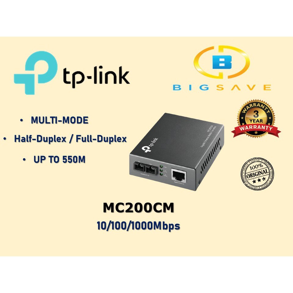 TP-LINK MC200CM GIGABIT MULTI MODE SC FIBER CONVERTER ( UP TO 550M ...
